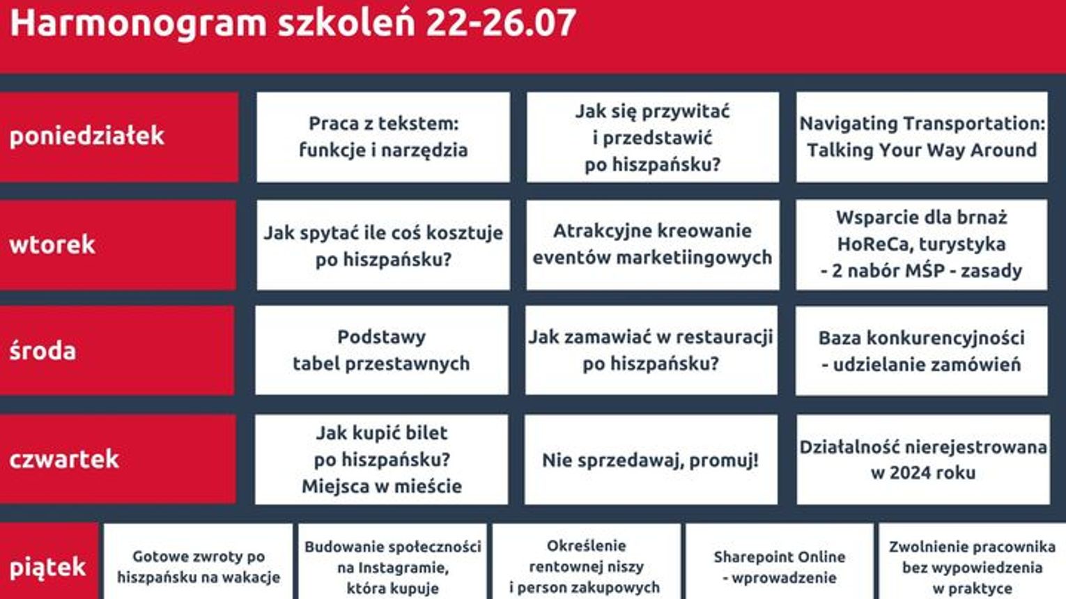 Darmowe szkolenia z PFP - harmonogram na cały tydzień